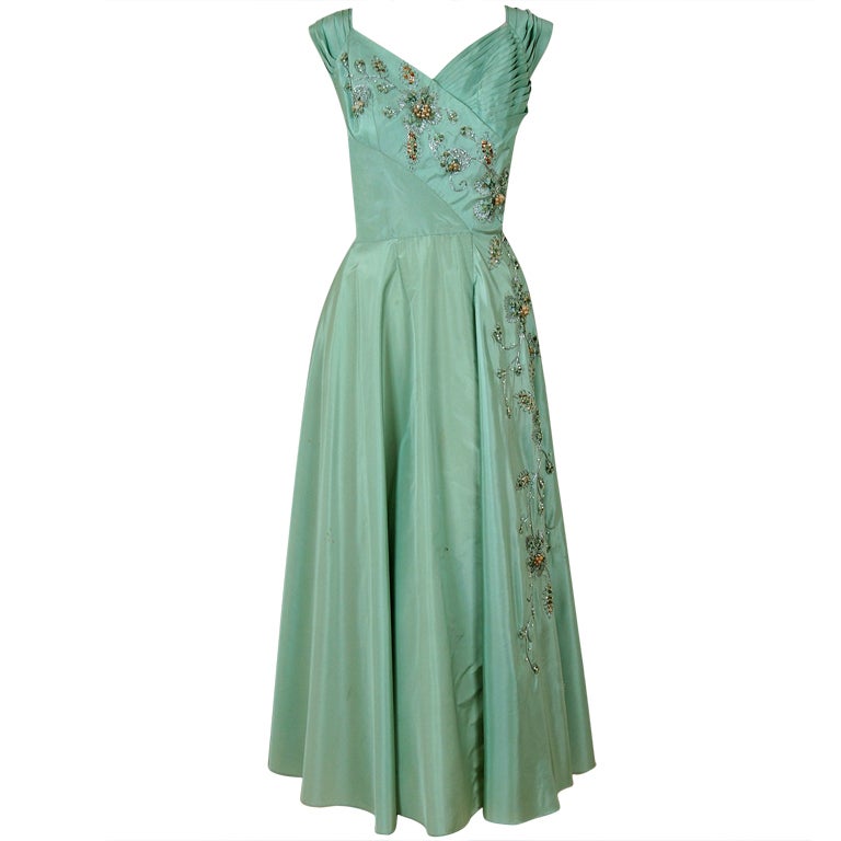 1940's Gothe Mint-Green Beaded Metallic Taffeta Trained Tea-Gown at 1stDibs