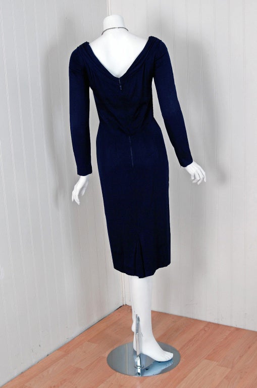 1950's Ceil Chapman Navy-Blue Ruched Silk-Jersey Hourglass Cocktail ...