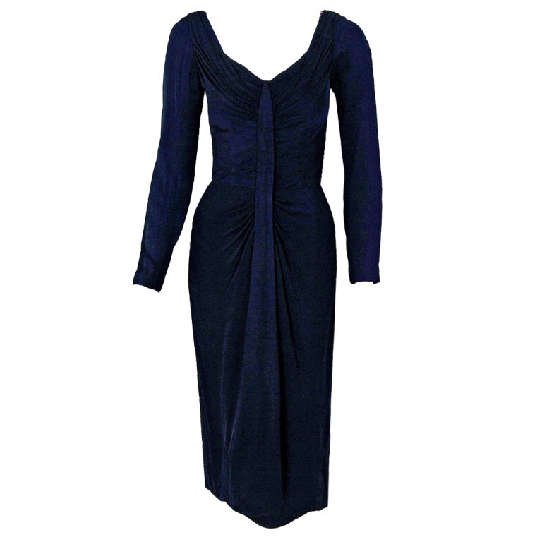 1950's Ceil Chapman Navy-Blue Ruched Silk-Jersey Hourglass Cocktail ...