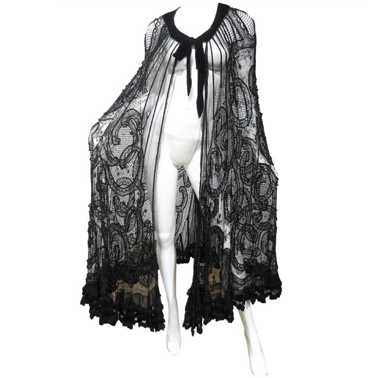 1890's Dramatic Victorian Beaded Sequin Mixed-Lace Long Cape at 1stDibs
