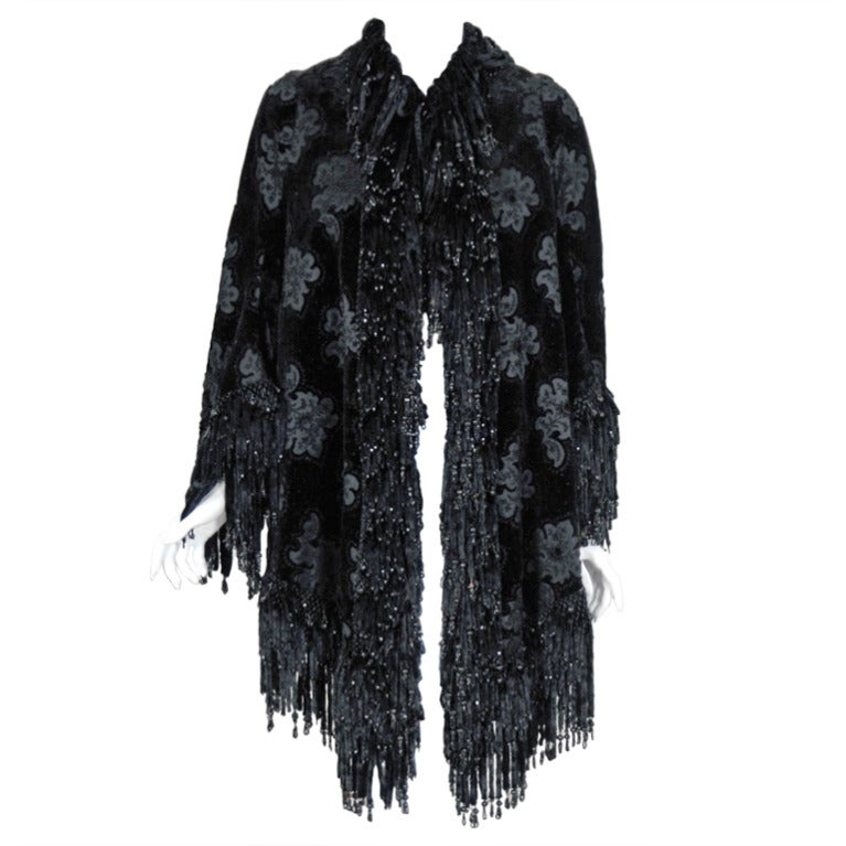 1890's Dramatic Victorian Beaded Fringe Cut-Velvet Mantle Jacket at 1stDibs