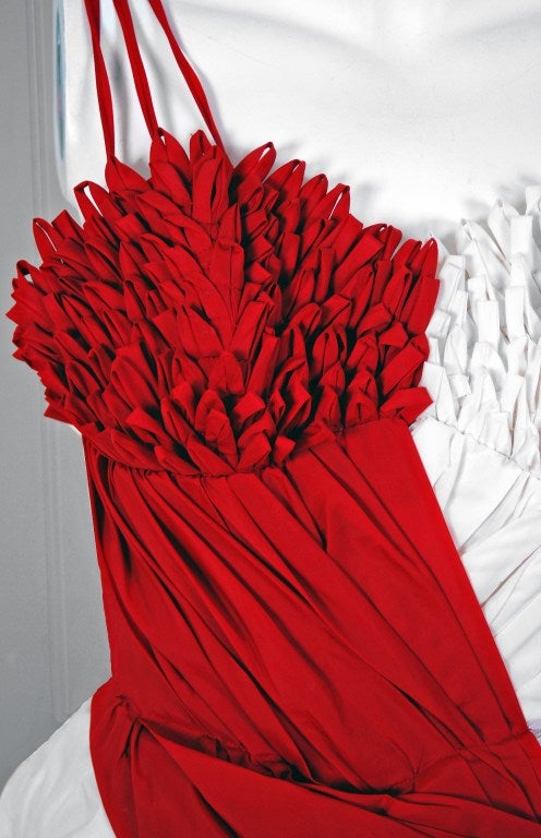 1950's Seductive Red and White Hourglass Shelf-Bust Ruched Evening Gown ...