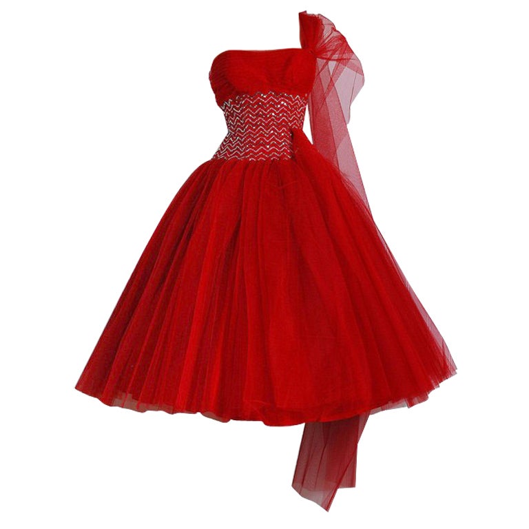 1950's Ruby-Red Sequin Tulle Strapless Circle-Skirt Party Dress at ...