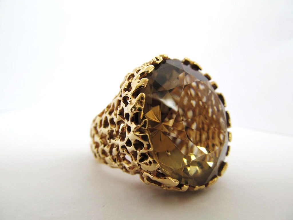 Large Bold Chunky Gold 1960's Smoky Topaz Ring at 1stDibs