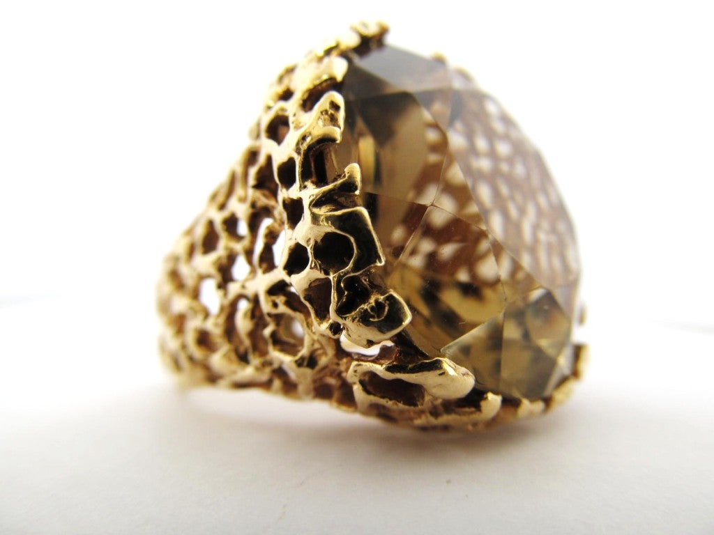Large Bold Chunky Gold 1960's Smoky Topaz Ring at 1stDibs