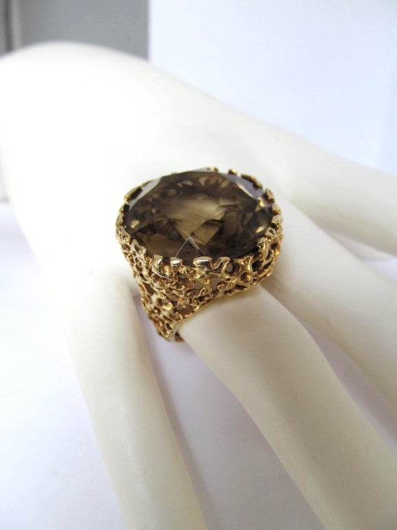 Large Bold Chunky Gold 1960's Smoky Topaz Ring at 1stDibs