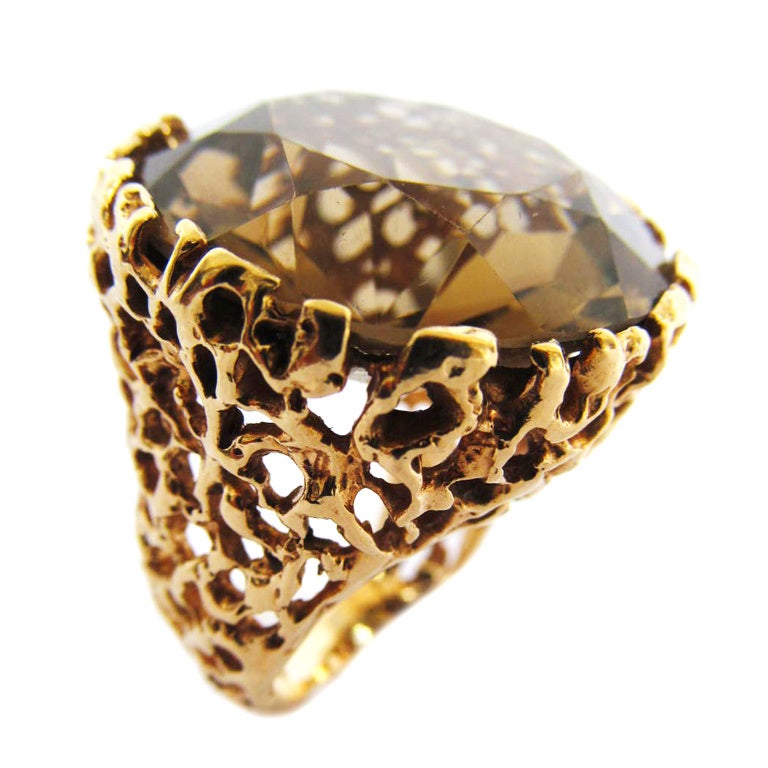 Large Bold Chunky Gold 1960's Smoky Topaz Ring at 1stDibs
