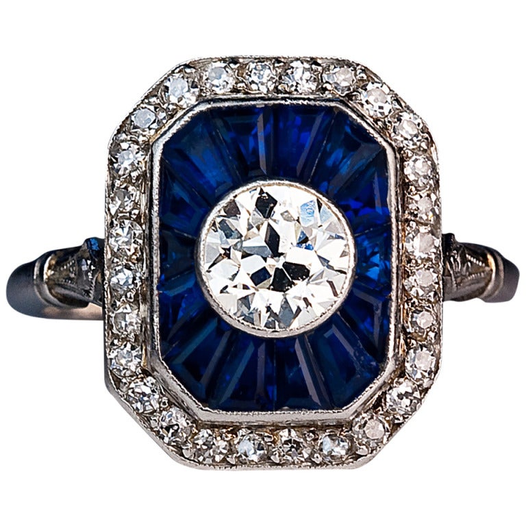 French Art Deco Diamond Sapphire Engagement Ring at 1stDibs