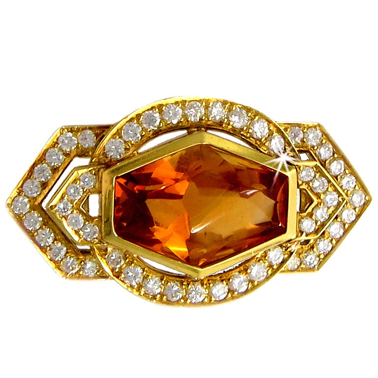 Custom Cut Citrine and Diamond Brooch For Sale at 1stDibs