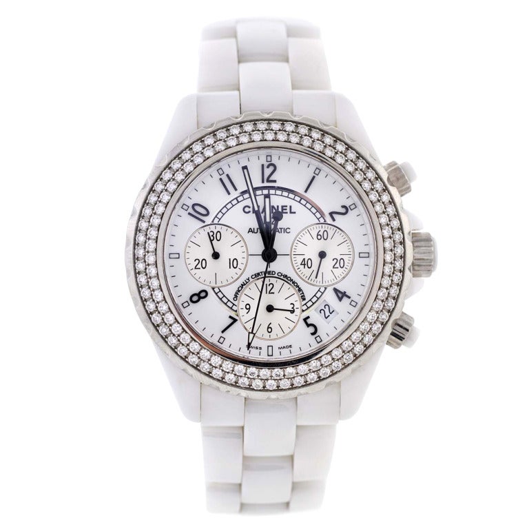 Chanel White Ceramic and Diamond J12 Automatic Chronograph Wristwatch ...
