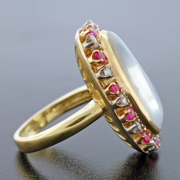 Victorian Striking Moonstone, Diamond and Ruby Gold Ring at 1stDibs