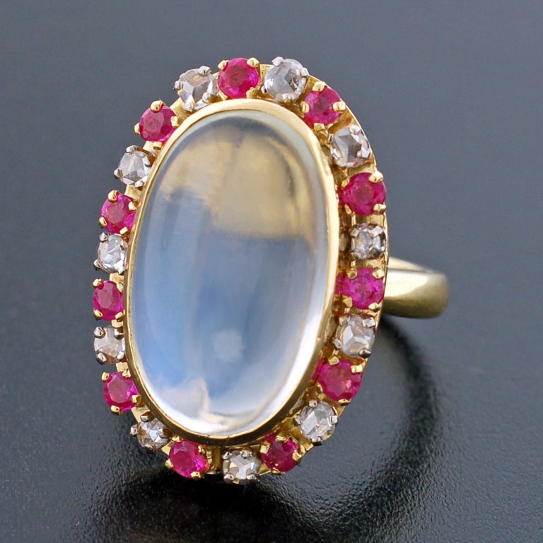 Victorian Striking Moonstone, Diamond and Ruby Gold Ring at 1stDibs