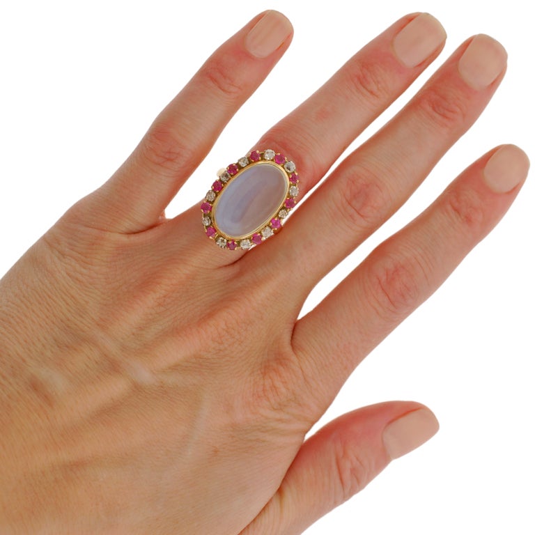 Victorian Striking Moonstone, Diamond and Ruby Gold Ring at 1stDibs