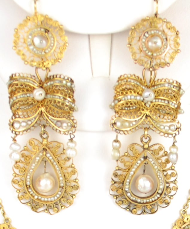 Antique Mexican Gold Filigree and Pearl Necklace Earrings Set For Sale ...