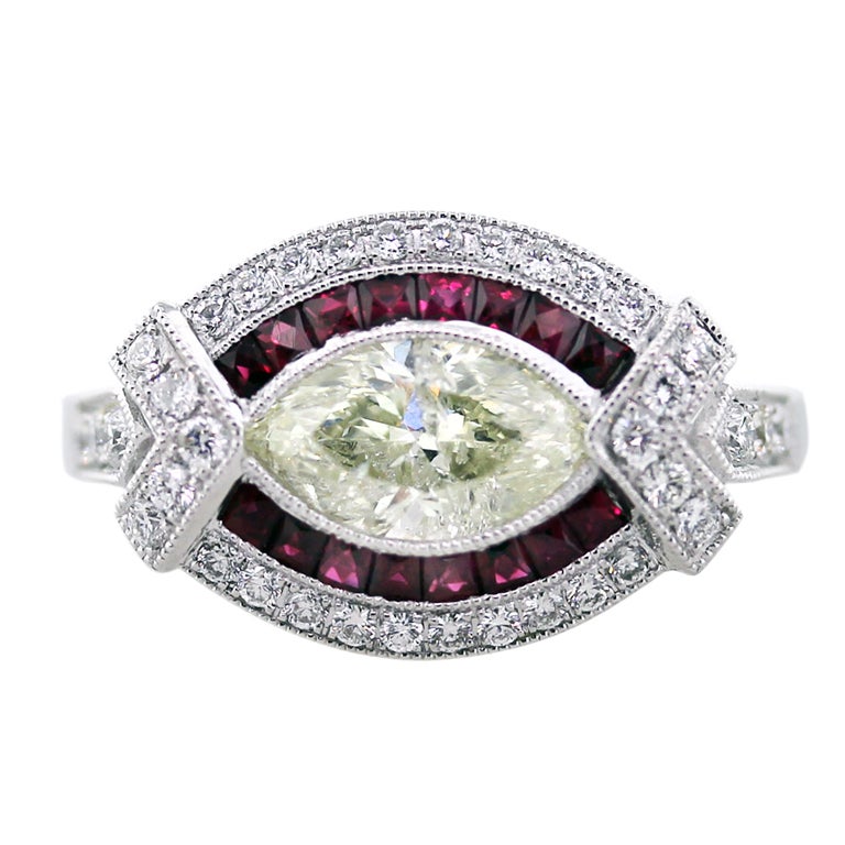 1.01 Carat Marquise Cut Diamond Platinum Ruby Engagement Ring For Sale ...