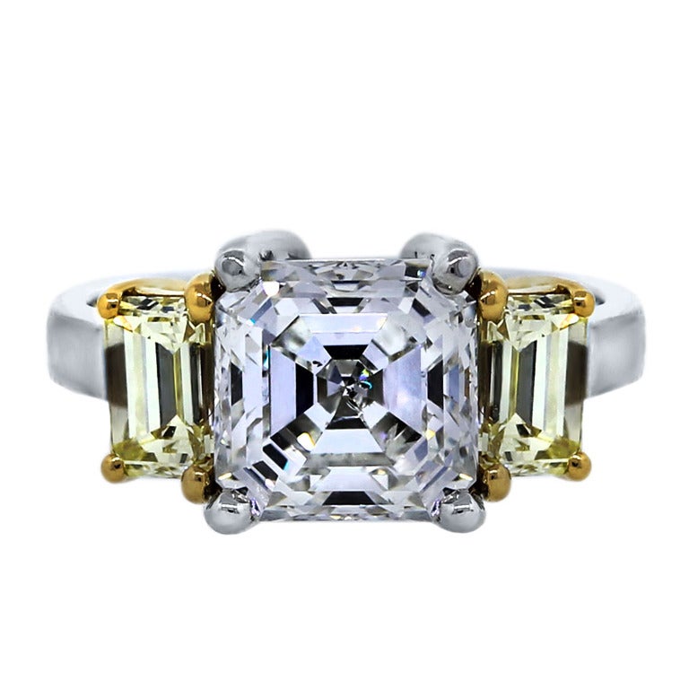 3.18ct Asscher Cut and Yellow Emerald Cut Three Stone Diamond Ring with ...