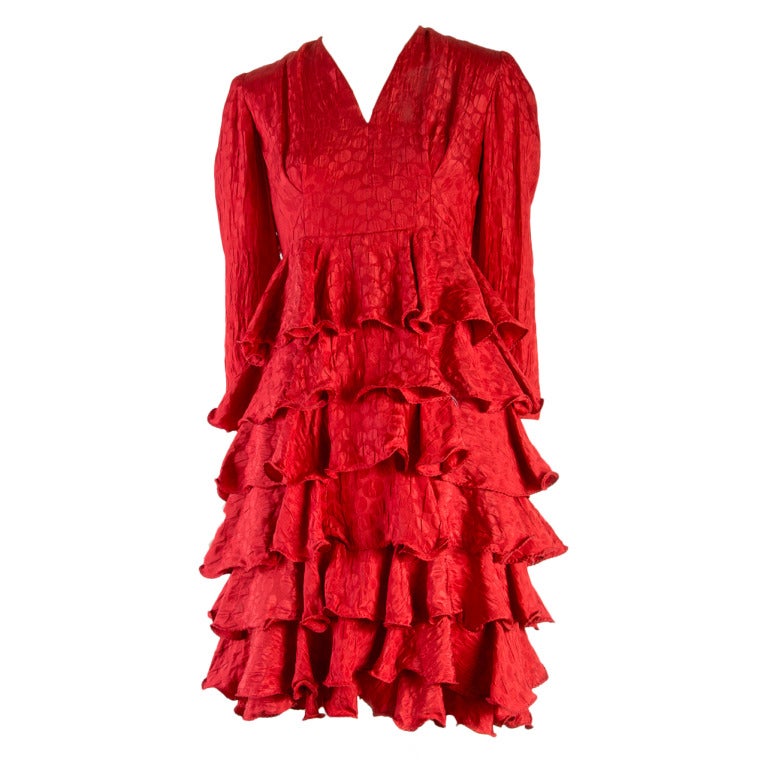 1950's Vintage Hattie Red Tiered Ruffle Dress For Sale at 1stDibs