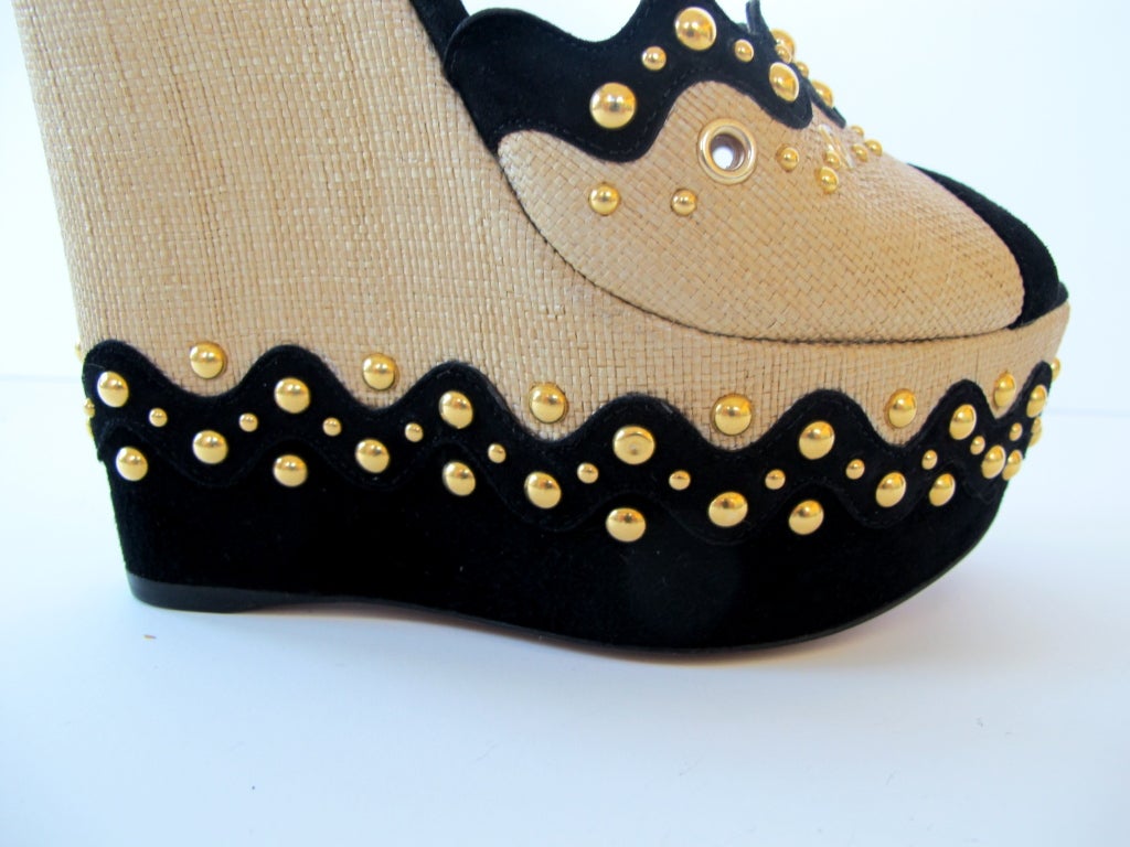 Alaia Studded Raffia Platform Wedge Sandals For Sale at 1stDibs