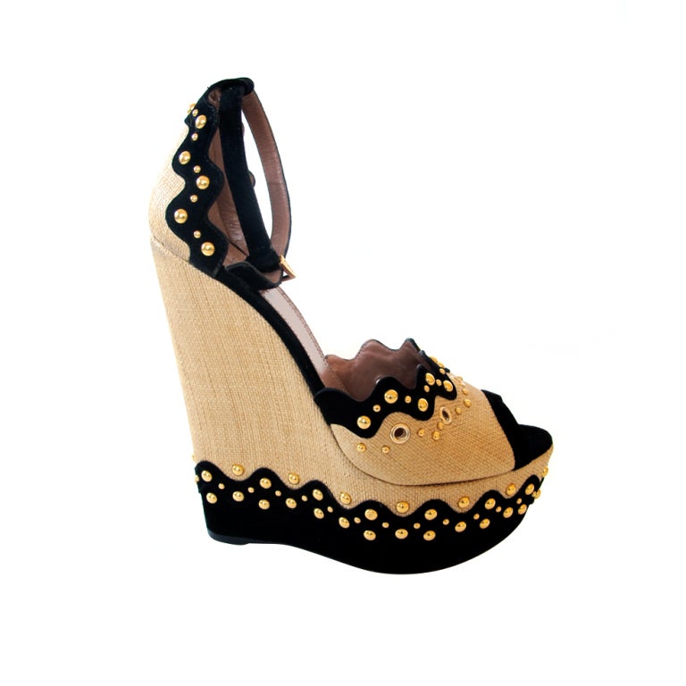 Alaia Studded Raffia Platform Wedge Sandals For Sale at 1stDibs