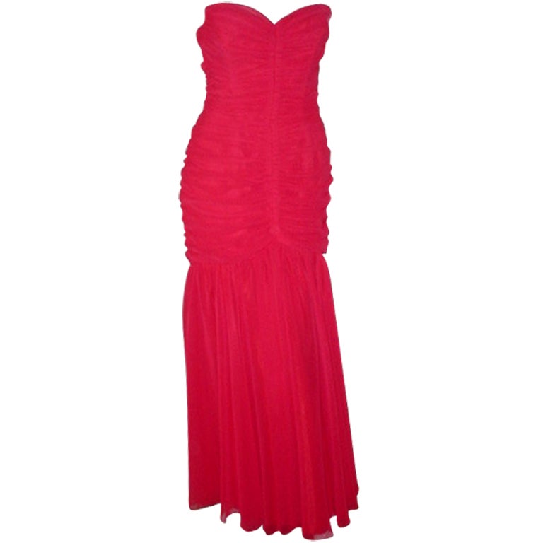 Fred France Paris long red vintage ruched strapless dress For Sale at ...