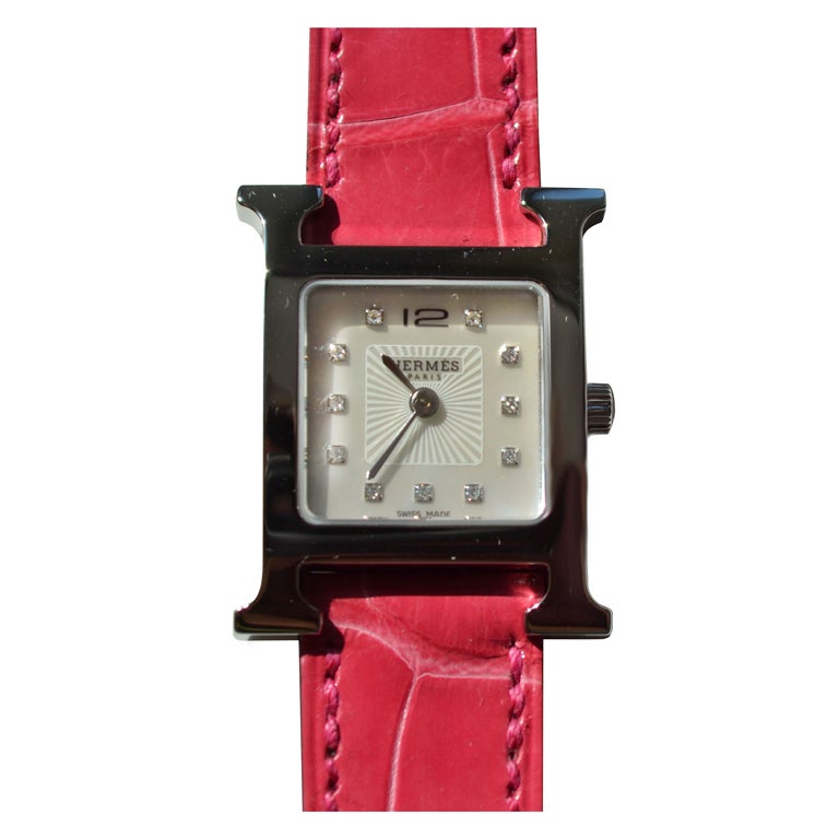 Hermès H-OUR PM Fuschia Alligator Diamond Watch at 1stDibs