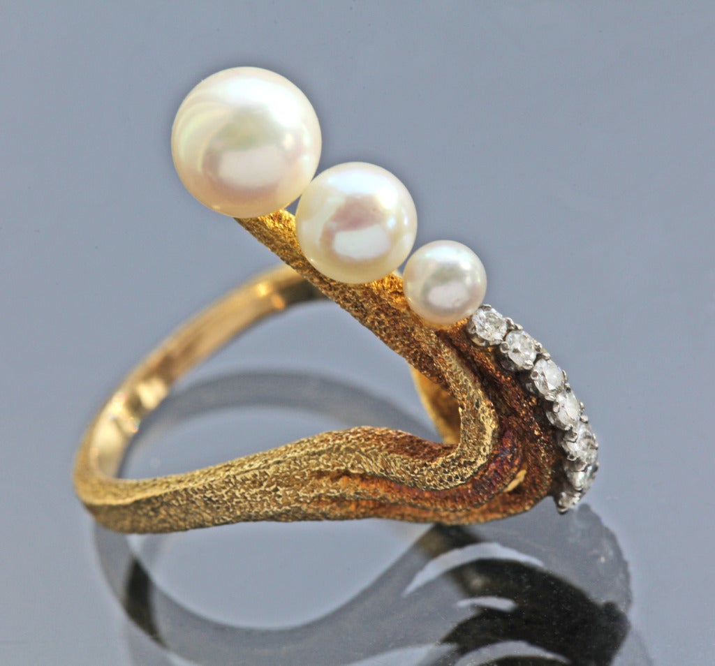 Mid-Century Pearl Diamond Gold Sculptural Ring at 1stDibs