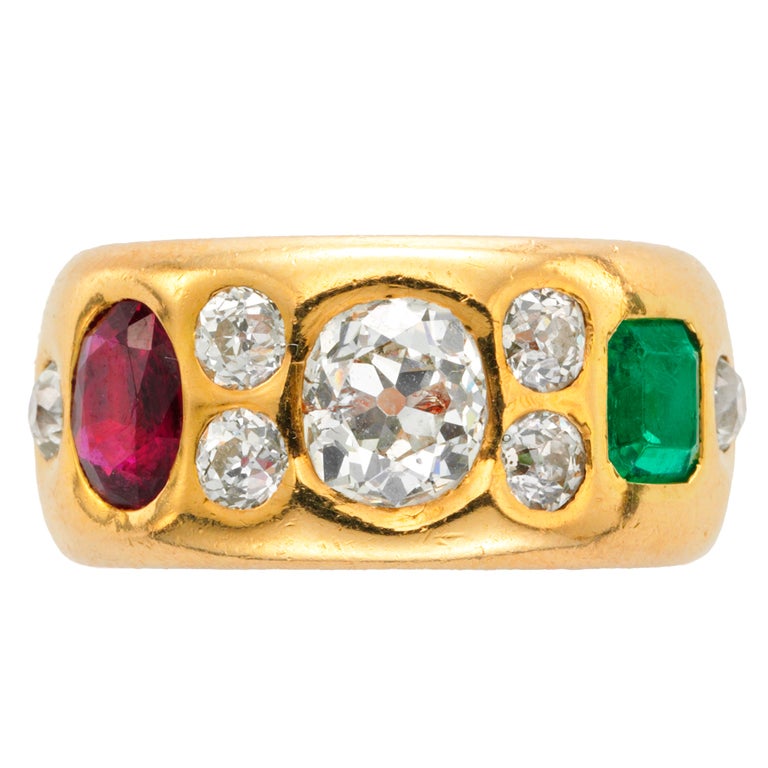Ruby Emerald Diamond Gold Bezel Set Ring at 1stDibs