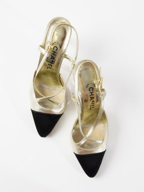 Chanel Gold Metallic Slingback Pumps with Black Satin Tips at 1stDibs ...
