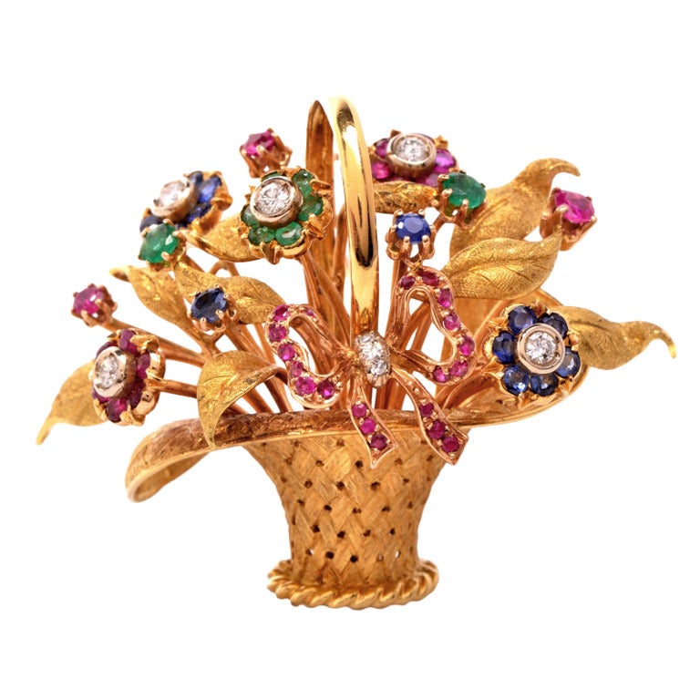Diamond and Gemstone Gold Floral Bouquet Flower Pin at 1stDibs