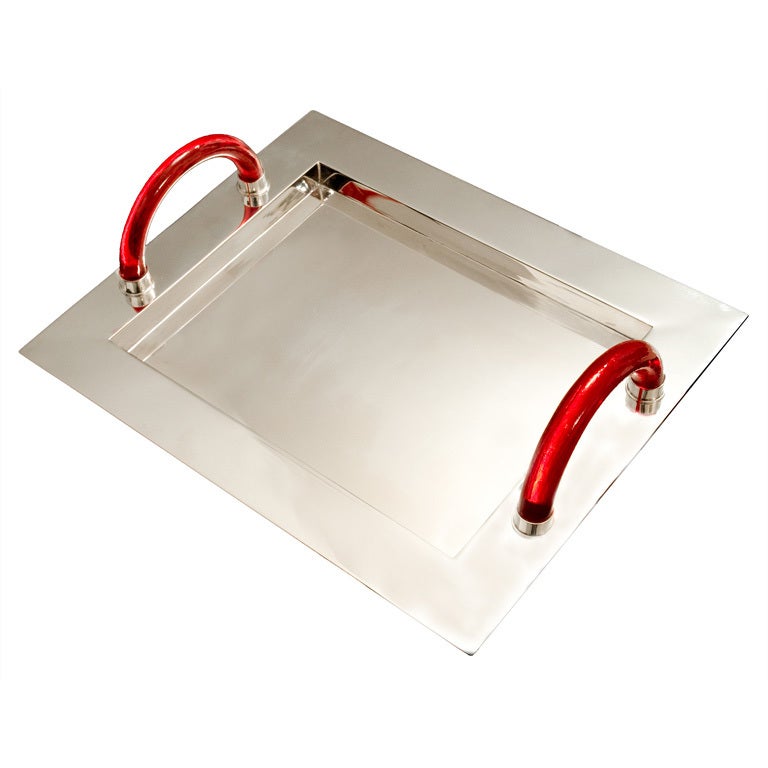 Silver Tray with Red Glass Handles For Sale at 1stDibs