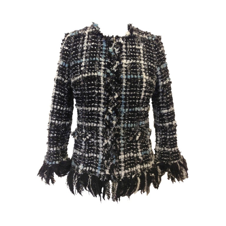 Chanel Black and White and Ice Blue Tweed Jacket at 1stDibs