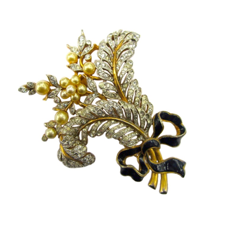 Crown Trifari Brooch 'Alfred Philippe' Pearl Spray Clip Brooch at 1stDibs