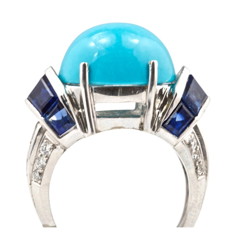 Turquoise Sapphire Diamond Platinum Ring at 1stDibs