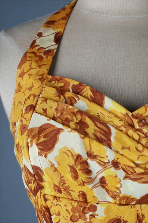 Vintage 1950's Emma Domb Goldenrod Floral Cocktail Dress at 1stDibs