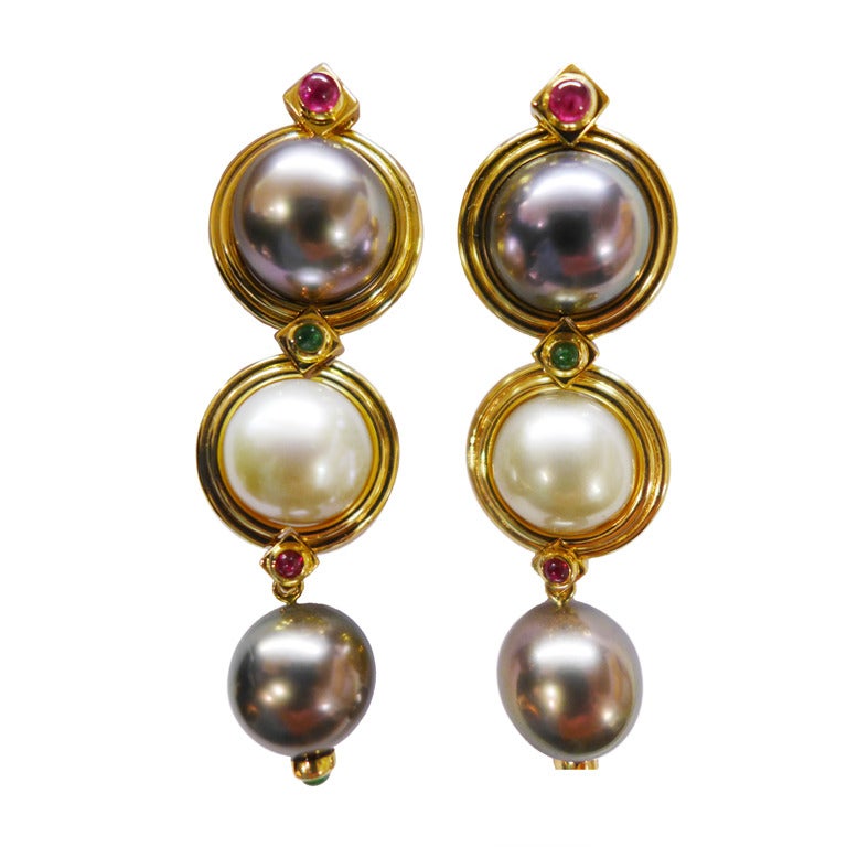 Pearl Ruby Emerald Yellow Gold Repossi Earrings at 1stDibs