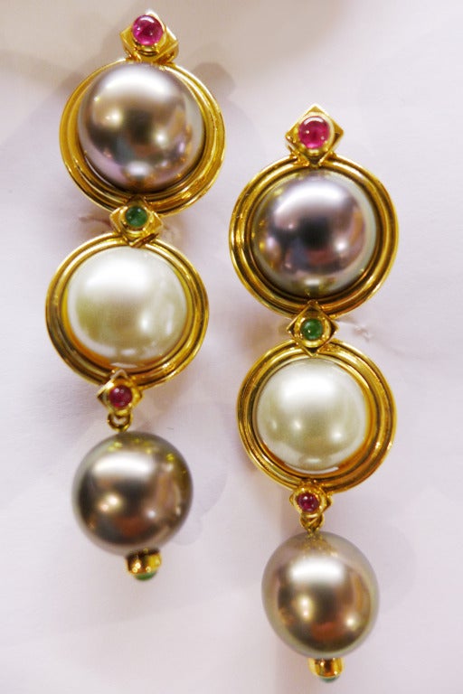 Pearl Ruby Emerald Yellow Gold Repossi Earrings at 1stDibs