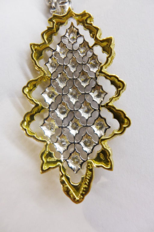 Two colors of gold Buccellati pendant set with diamonds on its twisted ...