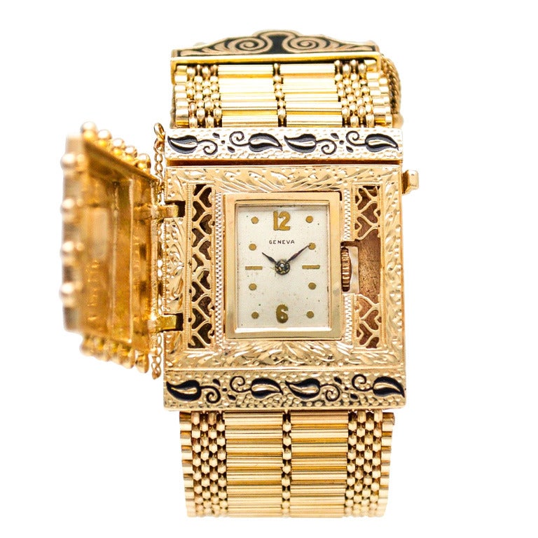 Lady's Yellow Gold and Enemal Bracelet Watch with Concealed Dial at 1stDibs