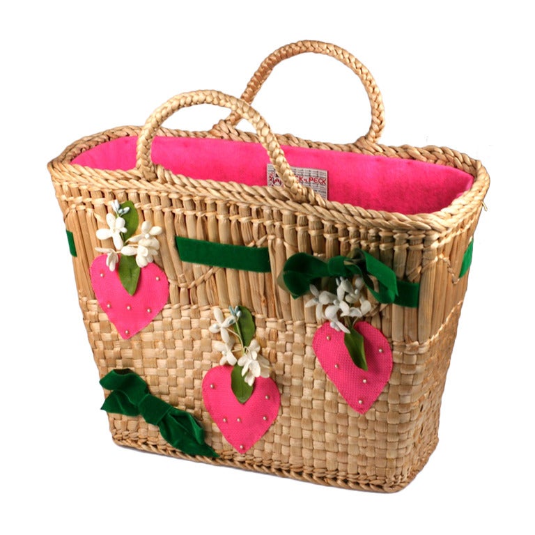 Strawberry Decorated Straw Tote at 1stDibs | strawberry straw bag ...