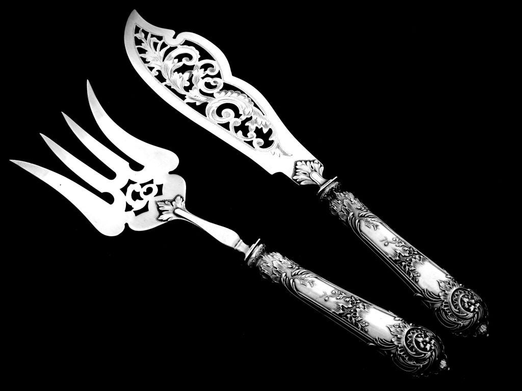 Gorgeous French Sterling Silver Fish Servers 2 pc w/original box Rococo ...