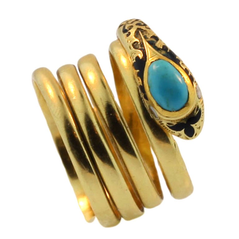 Victorian Turquoise and Enamel Snake Ring For Sale at 1stDibs