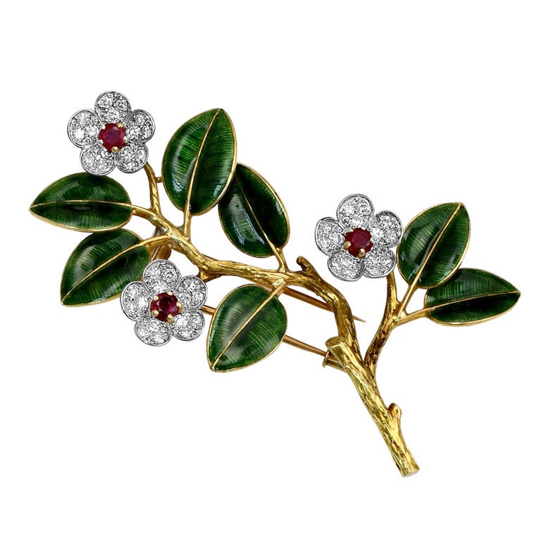Ruby and Enamel Tree Branch Art Deco Brooch by Boucheron at 1stDibs