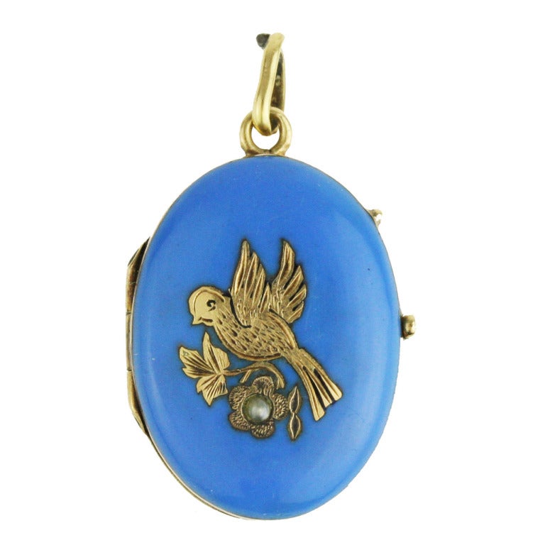 Victorian Blue Enamel Seed Pearl Gold Locket at 1stDibs