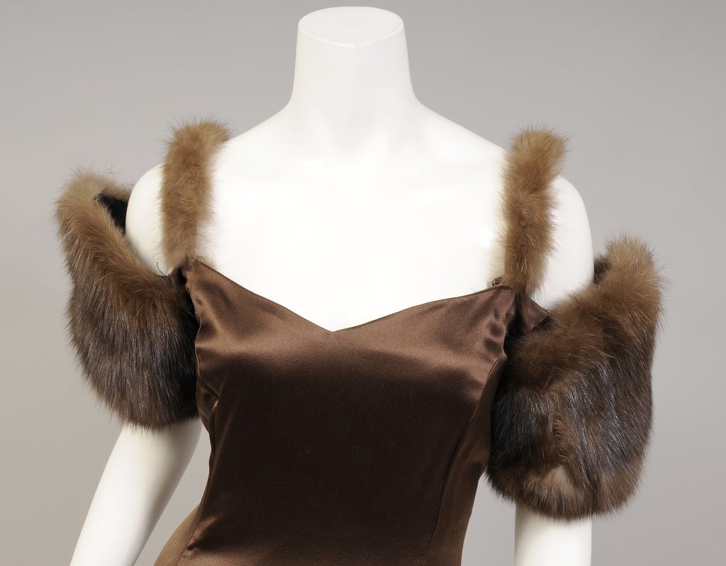 Sable Trimmed Satin Evening Dress at 1stDibs