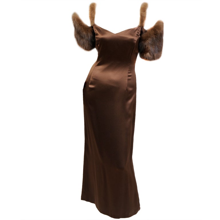 Sable Trimmed Satin Evening Dress at 1stDibs
