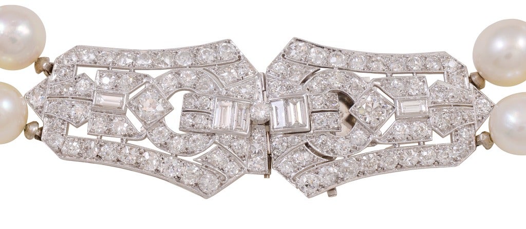 Double Strand of Nesting Pearls with a Diamond Platinum Clasp at 1stDibs