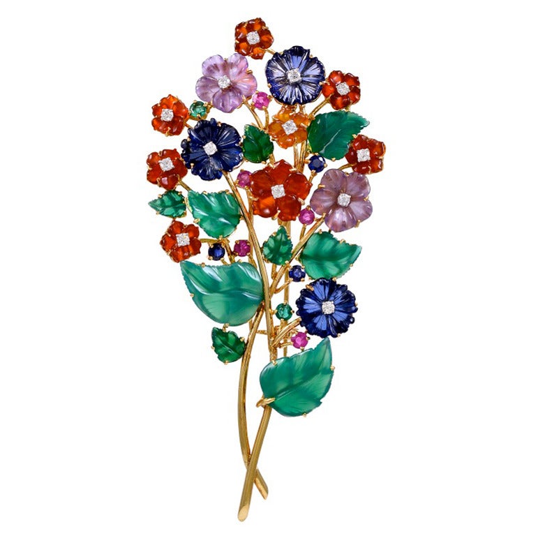 Multicolor Gem and Diamond Flower Bouquet Gold Brooch at 1stDibs
