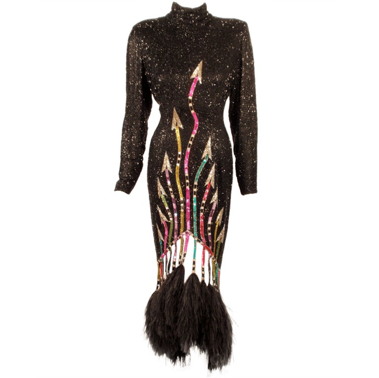 Bob Mackie Black Sequin Gown with Arrow design High Low Feather trim ...