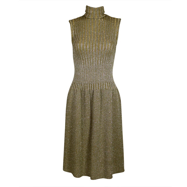 1968 Pauline Trigere Knit Gold Champagne Lurex Dress at 1stDibs