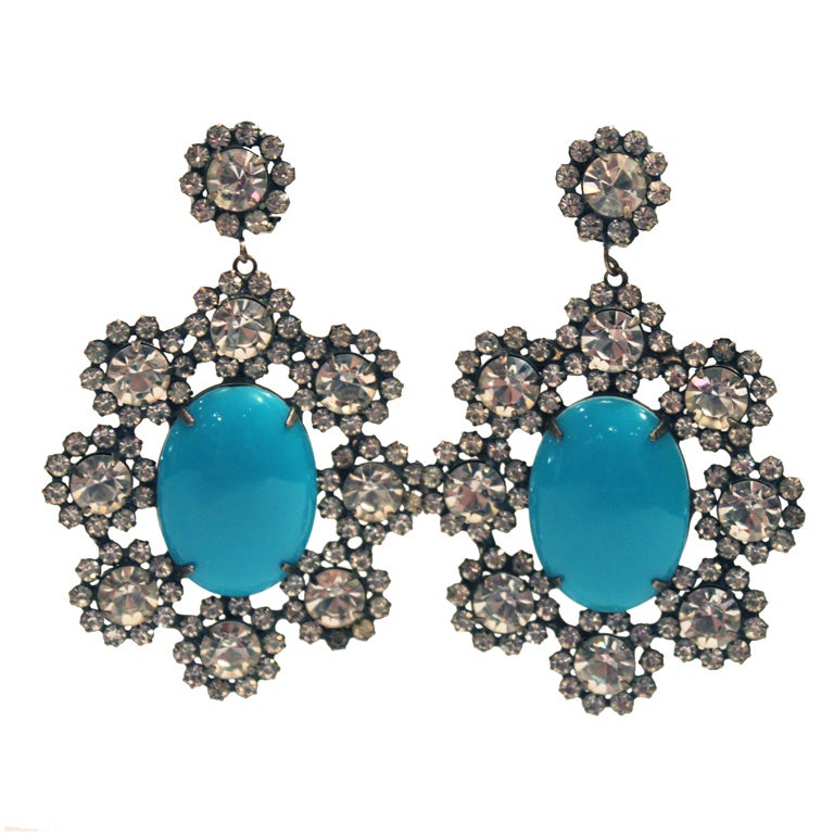 Kenneth Jay Lane KJL Turquoise Glass and Crystal Drop Earrings at 1stDibs